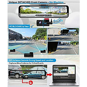 PORMIDO Triple Mirror Dash Cam 12" with Detached Front and in-Car Camera,Waterproof Backup Rear View Dashcam Anti Glare 1296P IPS Touch Screen with Sony Sensor,Starvis Night Vision,GPS,Parking Assist