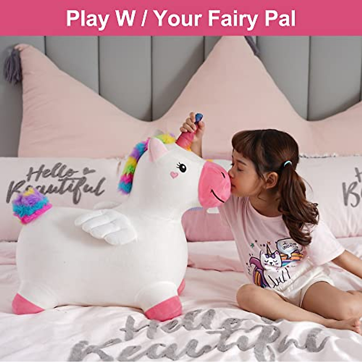 iPlay, iLearn Bouncy Pals Unicorn Horses, Toddler Girl Bouncing Animal Hopper, Inflatable Plush Hopping Toy, Outdoor Indoor Ride on Bouncer, Baby First Birthday Gift 18 Month 2 3 4 Year Old Kid