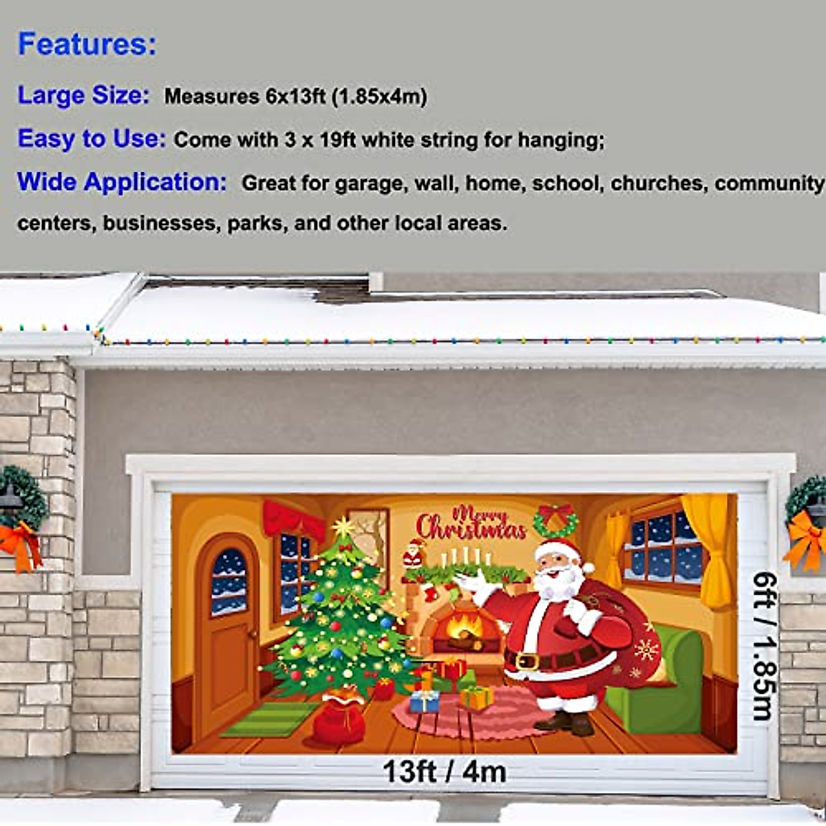 Christmas Santa Claus Garage Door Decoration Extra Large Outdoor Xmas Holiday Garage Door Banner Cover Decoration Xmas Outdoor Holiday Background Sign 6x13ft