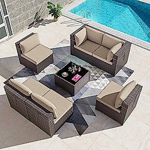 Piltwoff 7 Pieces Wicker Patio Conversation Sets,Modern Outdoor Sectional Furniture Patio Sets All-Weather for Backyard, Balcony(Brown)