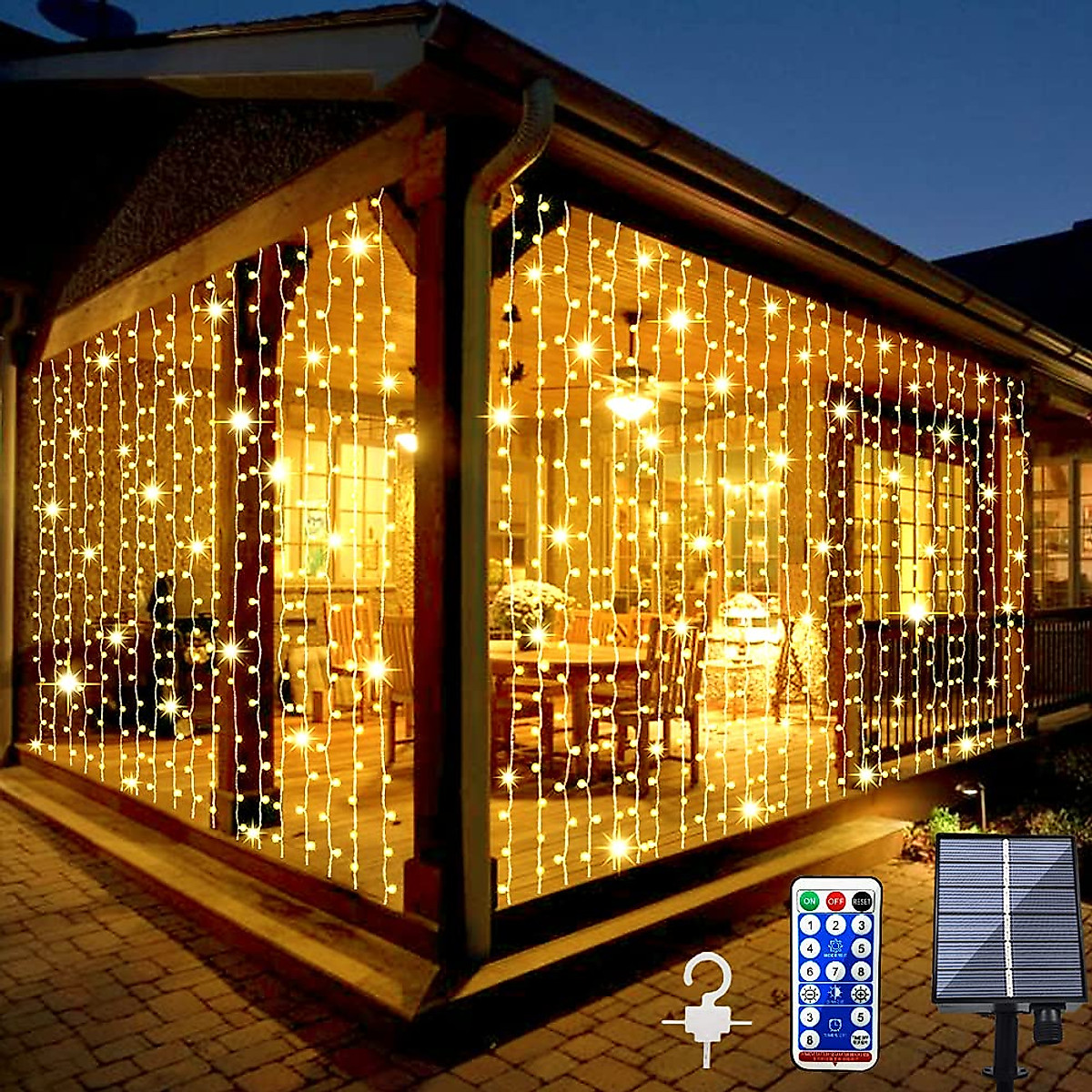 Upgraded Solar Curtain Lights Outdoor Garden Fairy String Lights 300 LED 8 Modes Remote Control Waterproof Solar Waterfall Lights for Gazebo Patio Party Festival Wedding Christmas Decorations(Warm)