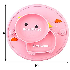 Qshare Toddler Plates, One-Piece Baby Plate for Toddlers and Kids, BPA-Free Strong Suction Plates for Toddlers, Dishwasher and Microwave Safe Silicone Placemat (PigPink/DuckCyan)