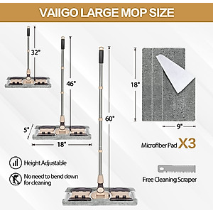 VAIIGO Professional Microfiber Mops for Hardwood Floor Cleaning, 18" Commercial Dust Flat Mops with 3 Reusable Mop Pads and Adjustable Handle, for Home, Office, Hotel Wet or Dry Floor Cleaning Mop