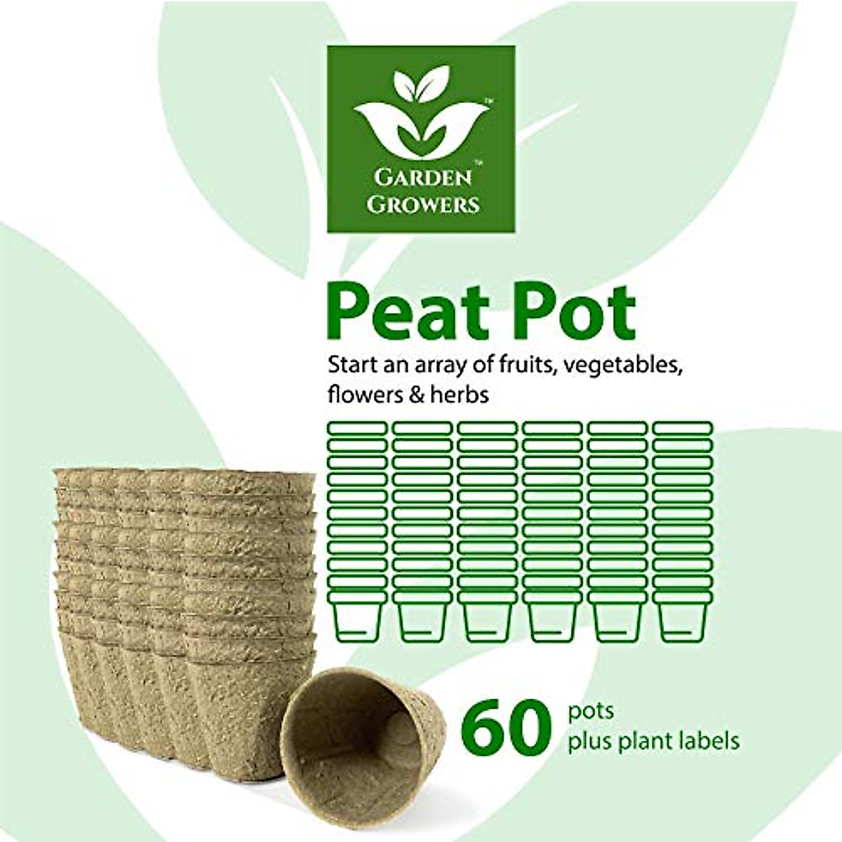 Garden Growers Seed Starter Pots – 3 Inch Biodegradable Peat Pods for Starting Flowers and Vegetables – Breathable and Absorbent for Aeration and Root Growth (60 Pots with 10 Bonus Plant Labels)