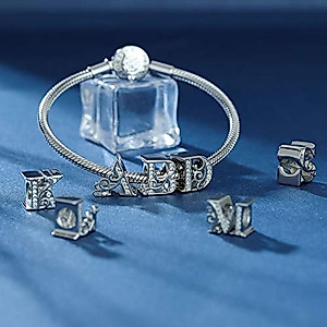 FOREVER QUEEN Initial C Charms 925 Sterling Silver Letter A-Z Charms for Snake Chain Bracelet Necklace Alphabet Beads