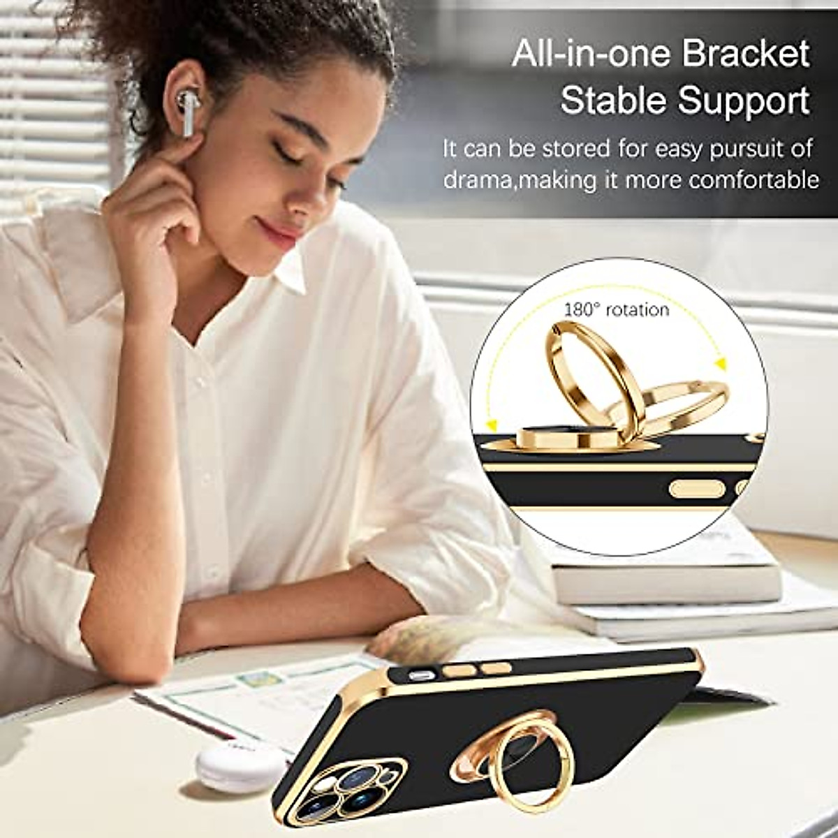 BENTOBEN iPhone 13 Pro Case, iPhone 13 Pro Phone Case, Slim Fit 360° Ring Holder Kickstand Magnetic Car Mount Supported Protective Non-Slip Girls Boys Women Men Case Cover for iPhone 13 Pro 6.1, Black