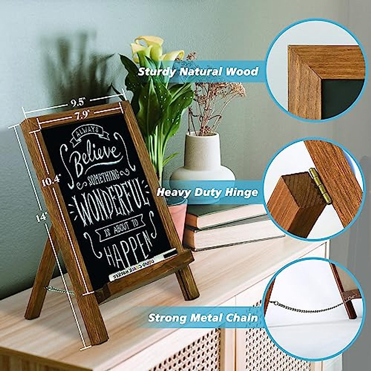 4 THOUGHT Tabletop Small Chalkboard Signs for Food, 9.5" x 14" Magnetic Wooden Mini Chalkboard with Stand Kids Chalk Board Easel Countertop Menu Board for Kitchen Home Cafe Wedding, Rustic Brown