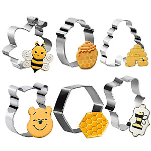 Aoerfes 6 Piece Bee Cookie Cutter Set, Honeycomb Hexagon Honey Jar, Bear the Pooh Molds Cutters for Bee Party Making Muffins, Biscuits, Sandwiches Fondant Decorations