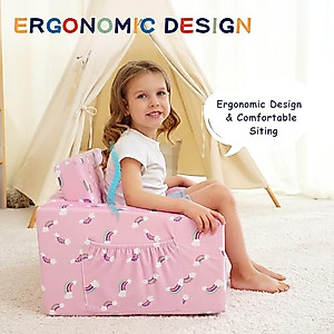 MallBest Kids Sofas Toddler Couch Bed Baby's Upholstered Chair Sleepover Couch Flipout Open Recliner(Pink/Rainbow)