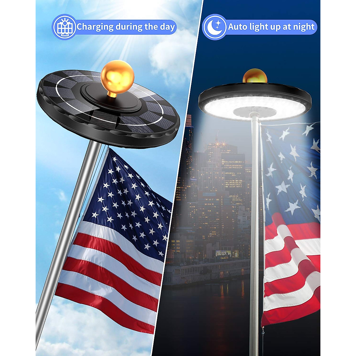Solar Flagpole Light, Newest 132 LED 3X Brighter Outdoor Flagpole Light, Flag Cover Waterproof Solar Flag Night Light for Ground Pole 15-25ft, 10-12 Hour Dusk to Dawn Auto On/Off, 3 Lighting Modes