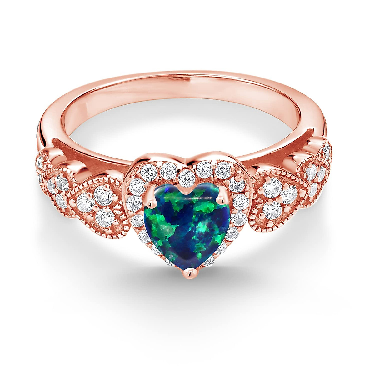 Gem Stone King 18K Rose Gold Plated Silver Ring Heart Shape Simulated Opal and Moissanite (0.93 Cttw) (Size 7)