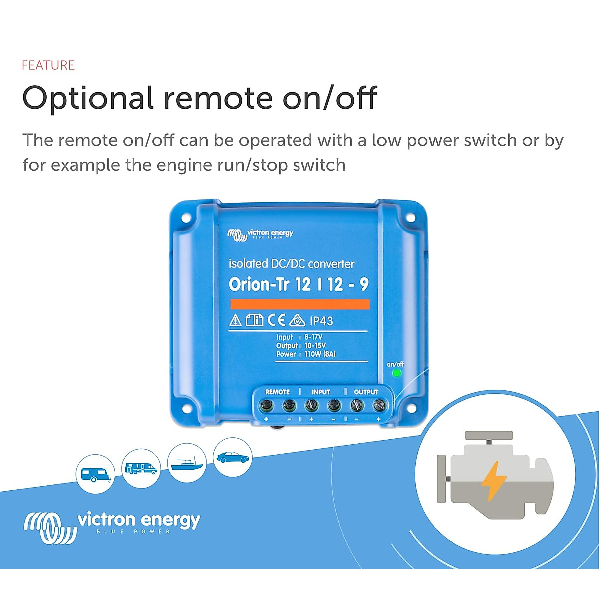 Victron Energy Orion-Tr DC to DC Converter - 12/12-Volt 9 amp 110-Watt - IP43 Protected - for Dual Battery Systems - Isolated