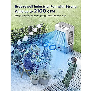 Evaporative Air Cooler, Breezewell 2100 CFM Outdoor Air Conditioner, 8 Gallon Windowless Air Conditioner for Room w/ 3 Speed, 4 Ice Pack, 4 Scroll Casters, Swamp Cooler for Outdoor Indoor Use