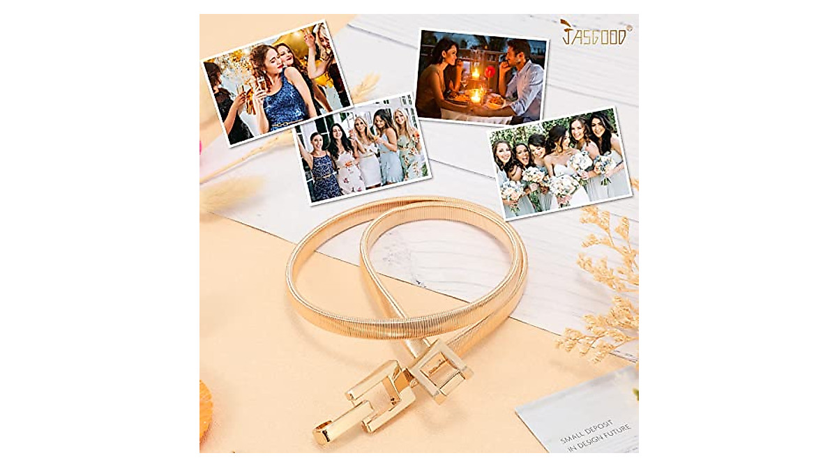 JASGOOD Women Skinny Metal Waist Belt Gold Waistband Elastic Metal ...