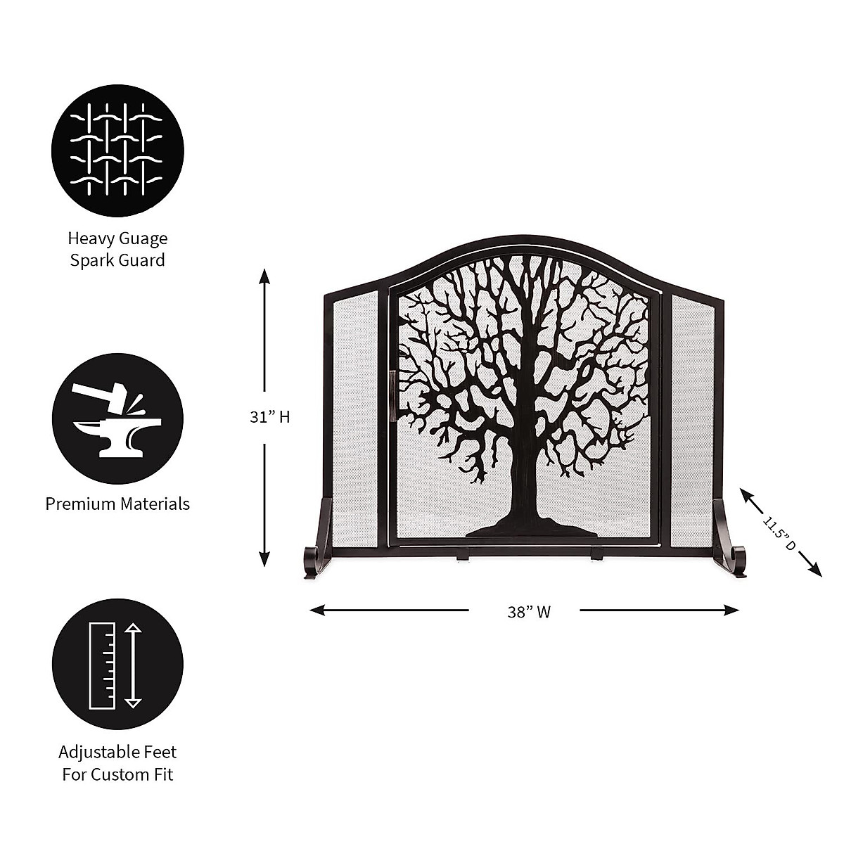 Plow & Hearth Metal Fireplace Screen Tree of Life Black | 38" W x 31" H | Flatguard | Spark Guard Grate | Iron Fire Place Cover | Wood Stove Accessories
