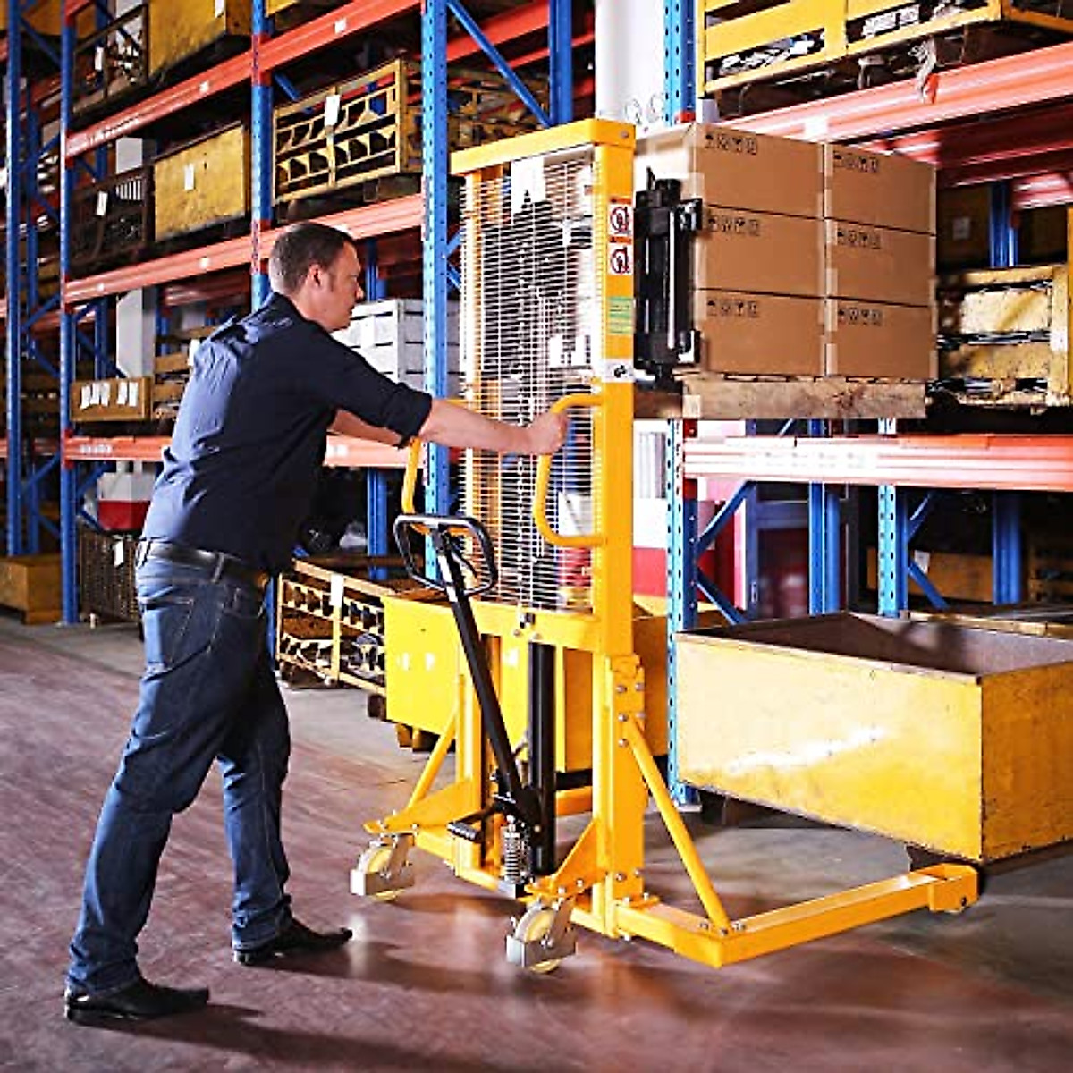 ilin Electric Pallet Jack Truck Lithium Battery 3300LBS Capacity 48" x 27" Fork Size and Manual Pallet Stacker 1100lbs Capacity 63" Lift Height with Straddle Legs Adjustable Forks