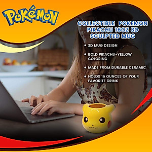 16 OZ Pokemon OFFICIAL Pikachu Face Molded Yellow Ceramic Coffee Mug, Novelty GIFT for Pokemon fans