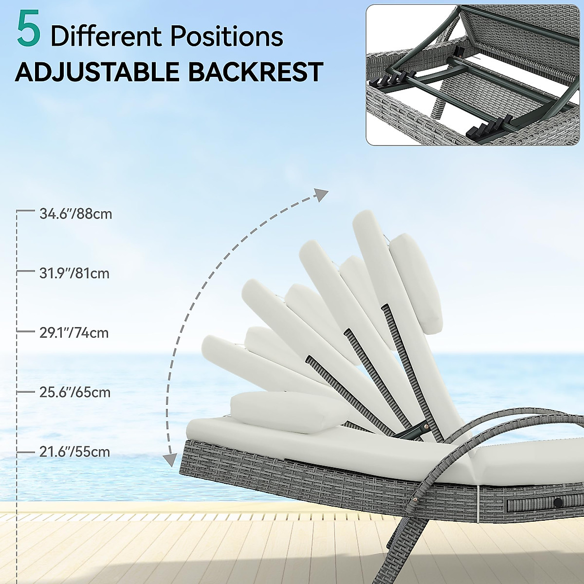 YITAHOME Patio Chaise Lounge Chair Set of 2, Wicker Chaise Lounge Outdoor Rattan Reclining Chair with Armrests/Pull-Out Cup Holder/5-Position Backrest/Cushion & Headrest-Beige