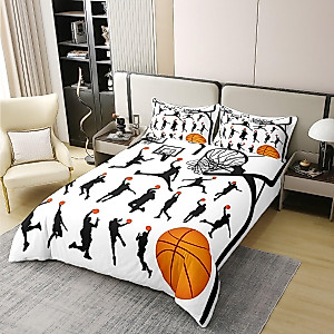 Basketball Print Bedding 100% Cotton Set Sports Theme Duvet Cover 100% Cotton 3D Ball Pattern Breathable Gift for Basketball Player Black White Duvet Set Room Decor Quilt Cover Full Size Zipper