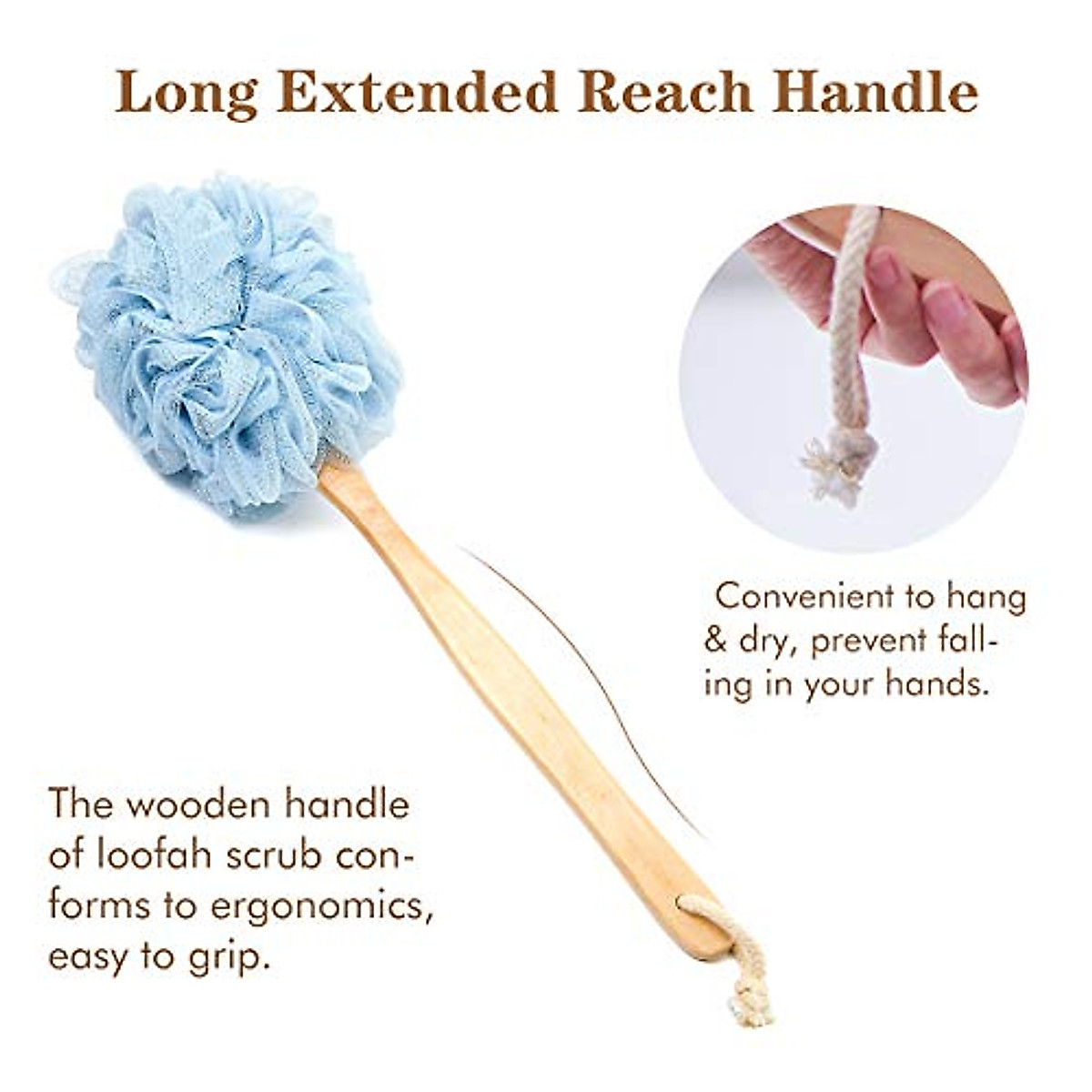Shower Loofah, Bath Sponge Set Includes 1 Long Handled Back Scrubber & 1 Shower Brush for Women & Men Body, Exfoliating Scrubber Brush for Spa Washing, Blue & Pink