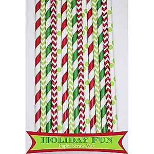 125 Pcs Christmas Green and Red Stripe Dot Chevron Paper Straw Mix