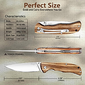 Vickay Pocket Knife for Men, Folding Knife with Clip, 3.74" 8Cr13MoV Steel Blade, Wood Handle EDC Knife for Outdoor Camping,Tactical, Hunting and Fishing Gift (Zebrawood)