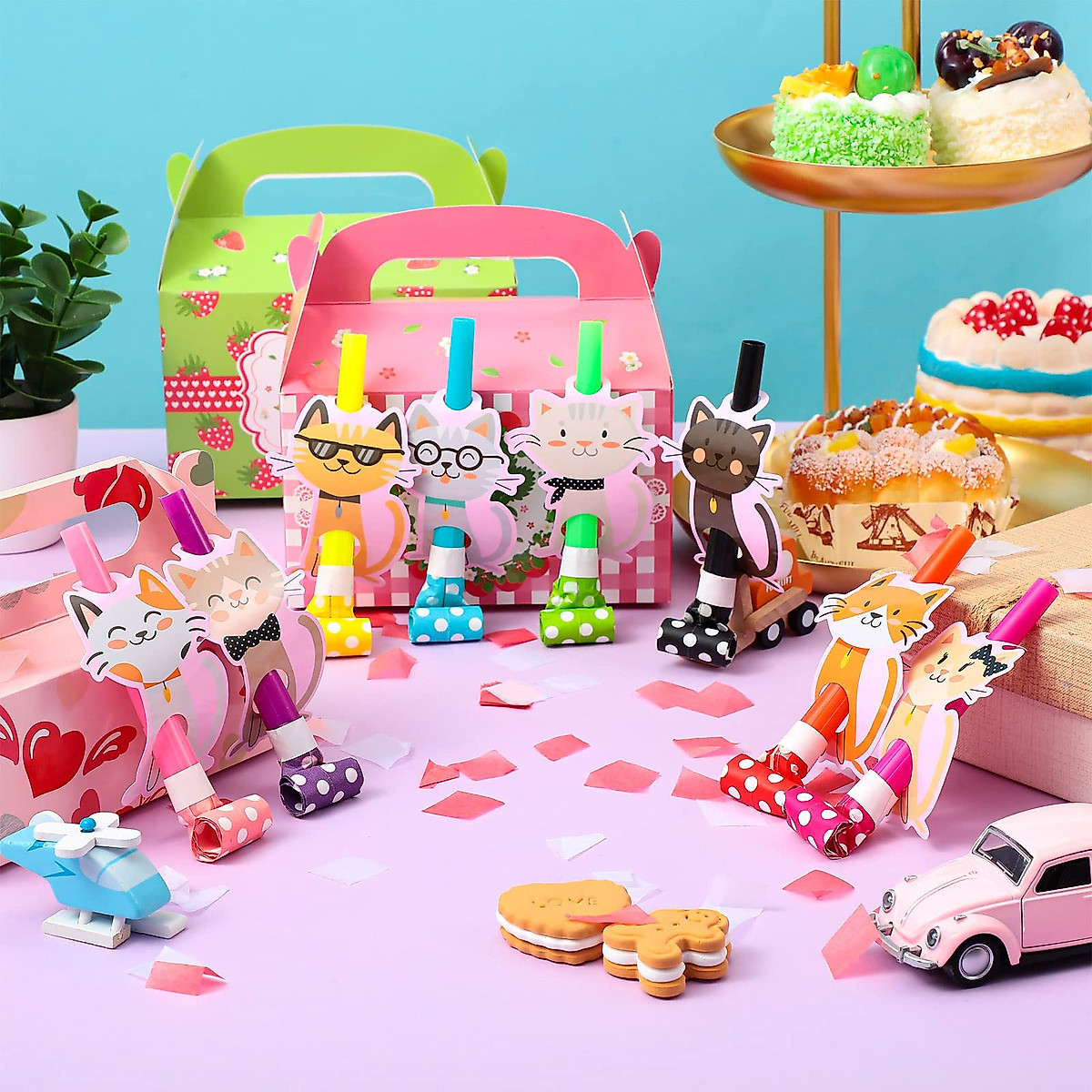 Hotop 48 Pcs Cat Party Blowouts Cat Birthday Party Supplies Kitty Blowers Dollhouse Cat Noisemakers Blowouts for Cat Birthday Baby Shower Party Favor Decorations