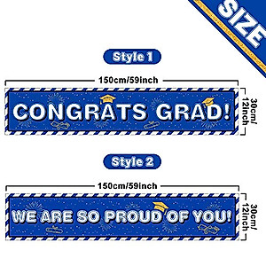 Whaline 2 Pack Congrats Grad Banner Graduation Hanging Banners Graduation Photo Booth Backdrop Decor with Delicate Patterns for Commencement Ceremony, Graduation Party Supplies (Blue)