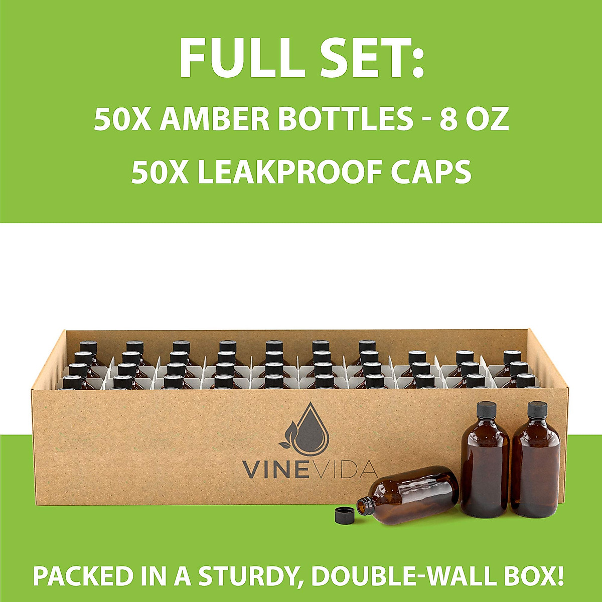 VINEVIDA 8 oz Amber Glass Bottles - 50 Pack Amber Boston Glass Bottles With Poly Cap - Bulk Glass Bottles - Empty Tincture Bottles for Essential Oils, Lab Chemicals, and Perfumes - Refillable Bottles