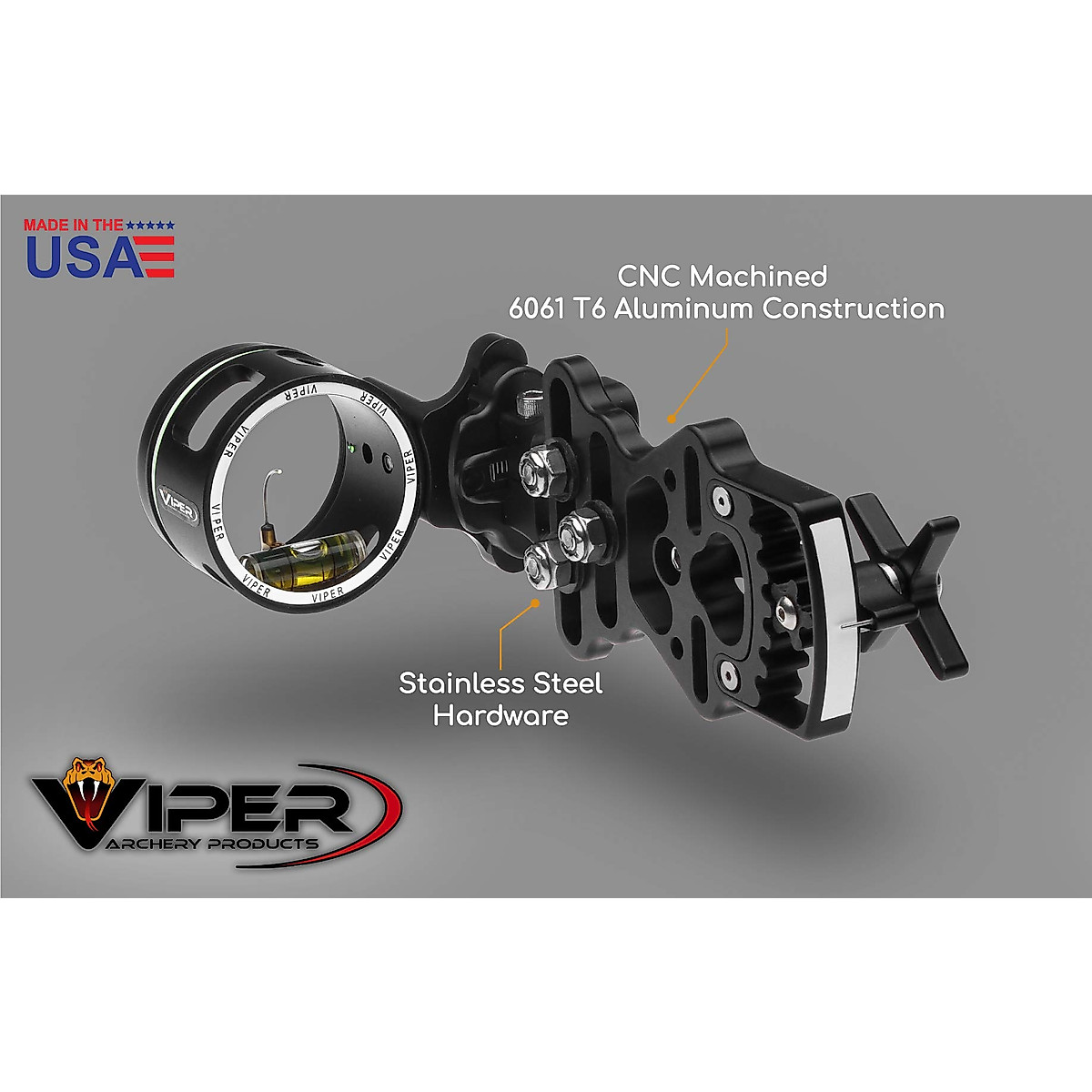 VIPER Archery Sidewinder Compound Bow Sight - Made in USA - Machined Aluminum, Bright Fiber-Optic Single Pin, Toolless Quickset Gear-Drive Elevation Adjustment, 0.015 Pin