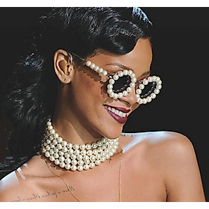 mincl/Vintage Round Pearl Sunglasses Women Luxury Alloy Oversized Frame Party Glasses Retro Shades (black)