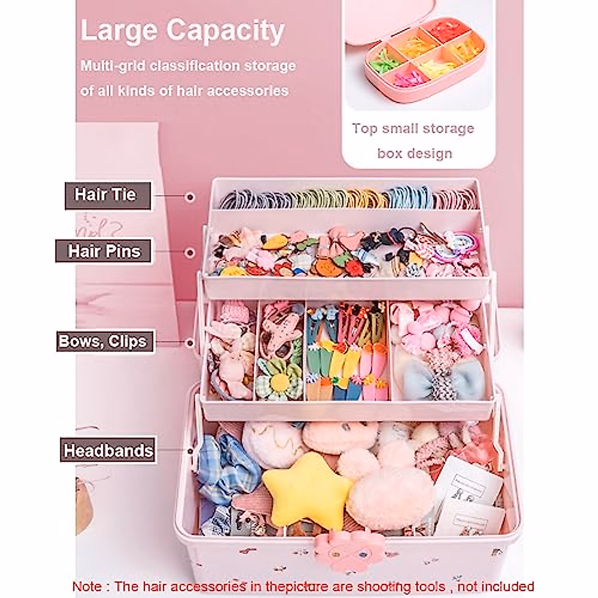 Hair Accessories Organizer for Girls Headbands, Hair Clips, Hair Ties Baby Girl Hair Supplies, Lockable Three-layer Folding Hair Craft Organizers and Storage Plastic Jewelry Box, 11.4x6.3x6.3in