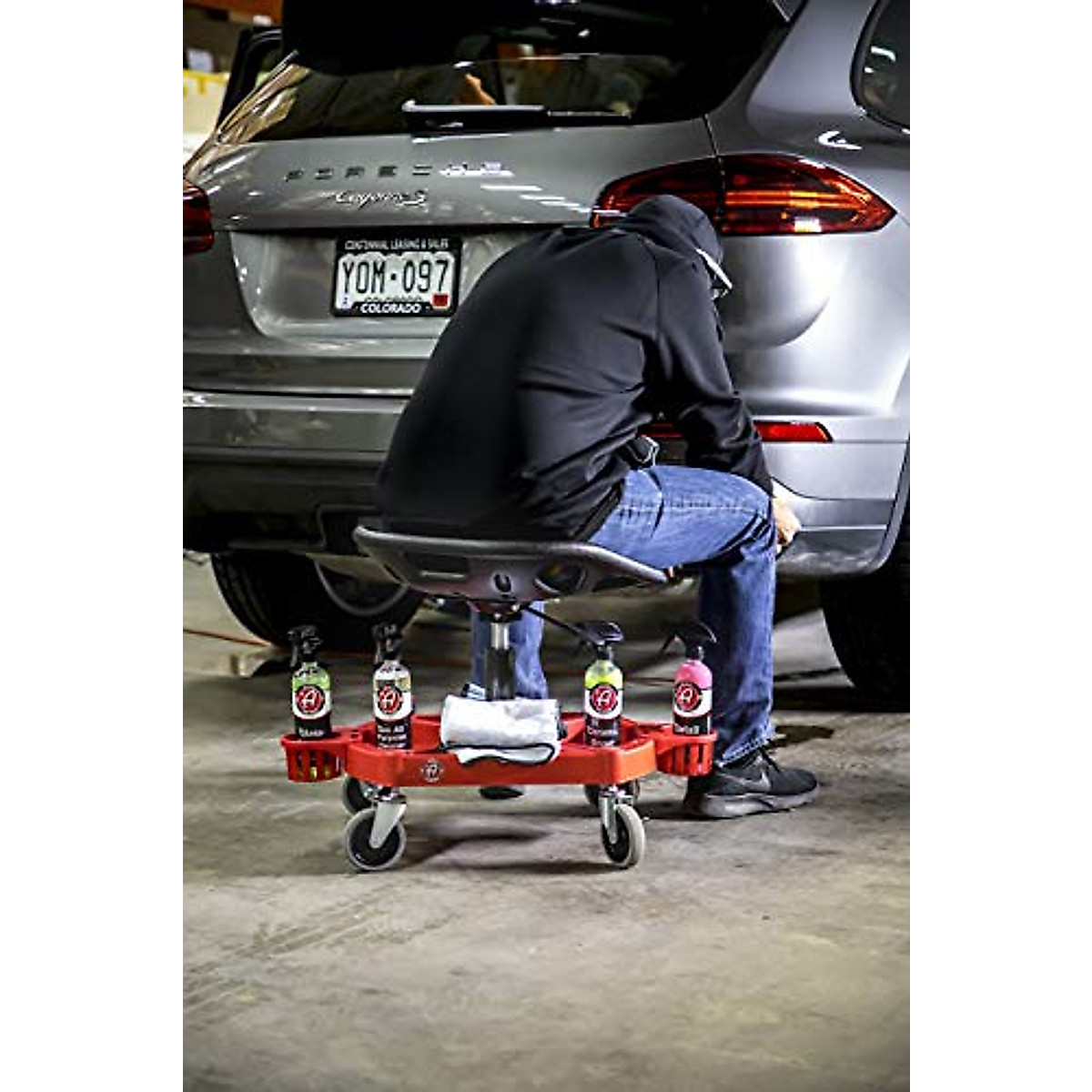 Adam's Polishes Pro Rolling Stool, Car Detailing Stool Chair, Shop Stool with Wheels, Garage Organizer & Tool Organizer Tray, Adjustable Height for Car Cleaning Buffer Polisher Ceramic Coating Car Wax