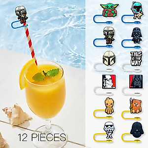 12Pcs Straw Cover Cap for Cup, Reusable Straw Topper for 30&40 Oz Tumbler, Cute Superhero Straw Tip Covers for Cups Accessories (Black)