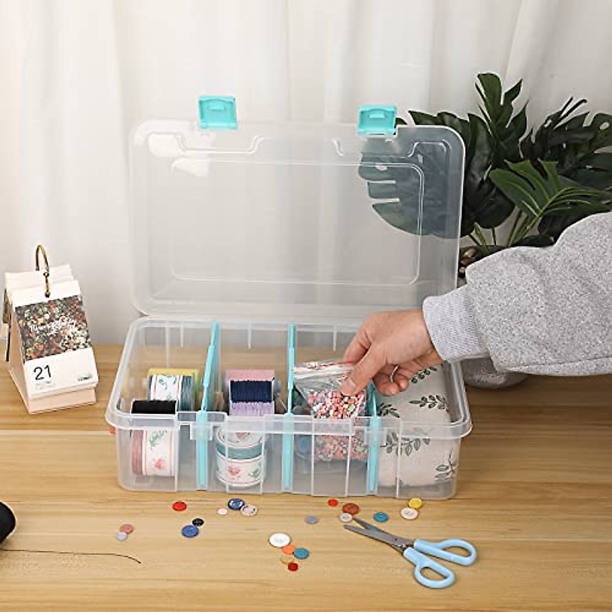BTSKY Clear Plastic Dividing Storage Box with 4 Compartments Adjustable Storage Bin with Lid Plastic Craft Storage Container Multipurpose Sewing Box Art Supply Organizer, 13.3x8.1x3.4 Inches