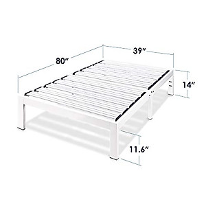 Mellow Rocky Base E 14" Platform Bed Heavy Duty Steel White, w/ Patented Wide Slats (No Box Spring Needed)- Twin XL