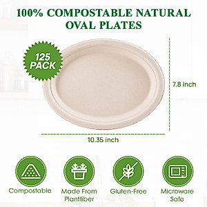 Vplus 100% Compostable Oval Paper Plates 10 inch 125 Pack Super Strong Disposable Paper Plates Natural Biodegradable Eco-Friendly Sugarcane Plates for BBQ, Party, Gathering, and Picnic