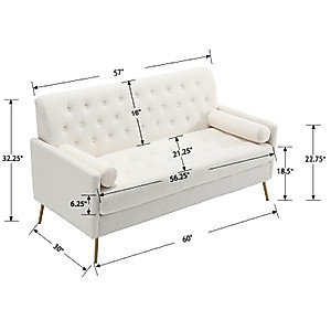 Guyou 60'' Loveseat Sofa Couch, White Sherpa Upholstered 2-Seat Love Sofa Chair with Arms for Living Room Tufted Small Couch Sofa with Removable Cushion and Gold Legs