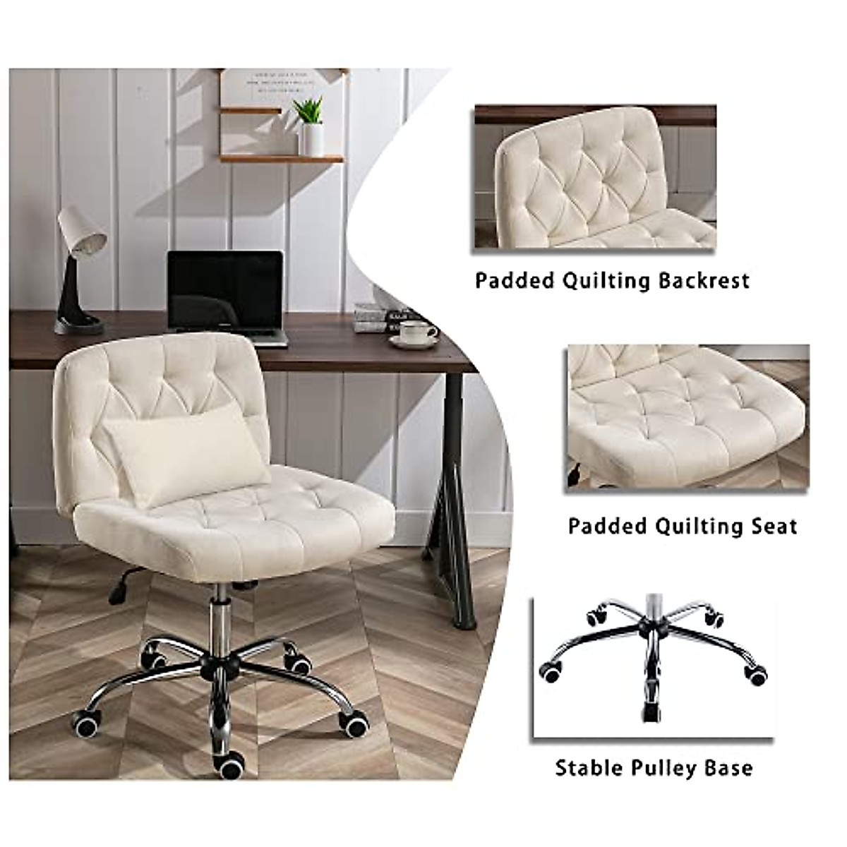 iMenting Wide Seat Armless Rolling Desk Chair Modern Tufted Adjustable Swivel Fabric Home Office Adjustable Swivel Chair with Wheels No Arms (Beige)