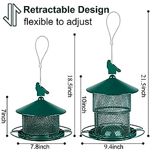 Bird Feeder for Wild Birds, Retractable 7lb Seed Capacity Hanging Wild Bird Feeder, Heavy Duty Metal Squirrel-Proof Bird Feeders for Outside Garden (Green)