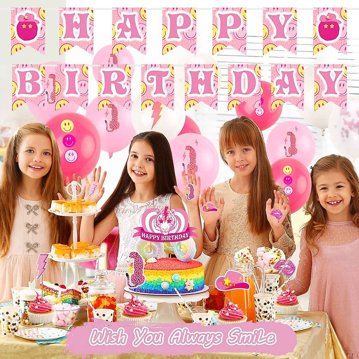 114 Pcs Preppy Birthday Decorations, Preppy Party Decorations, Preeppy Happy Birthday Banner, Preppy Balloons, Cute Preppy Stickers Hanging Swirls Cupcake Toppers Sparkling Fringe Curtain