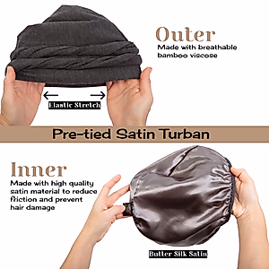 CAPLORD Silk Satin Lined Halo Turban Head Wrap Pre-Tied Skull Wave Cap for Men and Women Sleeping Bonnet Hair Cover Chemo Hair Loss Hat Head Cover Durag Dark Gray