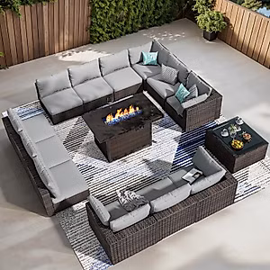 GREZJXC 14 Pieces Outdoor Sectional Patio Furniture Set with Fire Pit Table,PE Rattan Wicker Patio Sectional Conversation Set with Cushions and Glass Coffee Table Grey