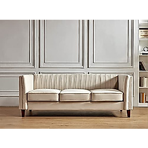 Container Furniture Direct Modern Luxury Velvet Couch for Living Room with High Density Foam, Soft Fabric Upholstery, Removable Cushions and Solid Wood Legs, 83'' Wide 3 Seater Sofa, Beige