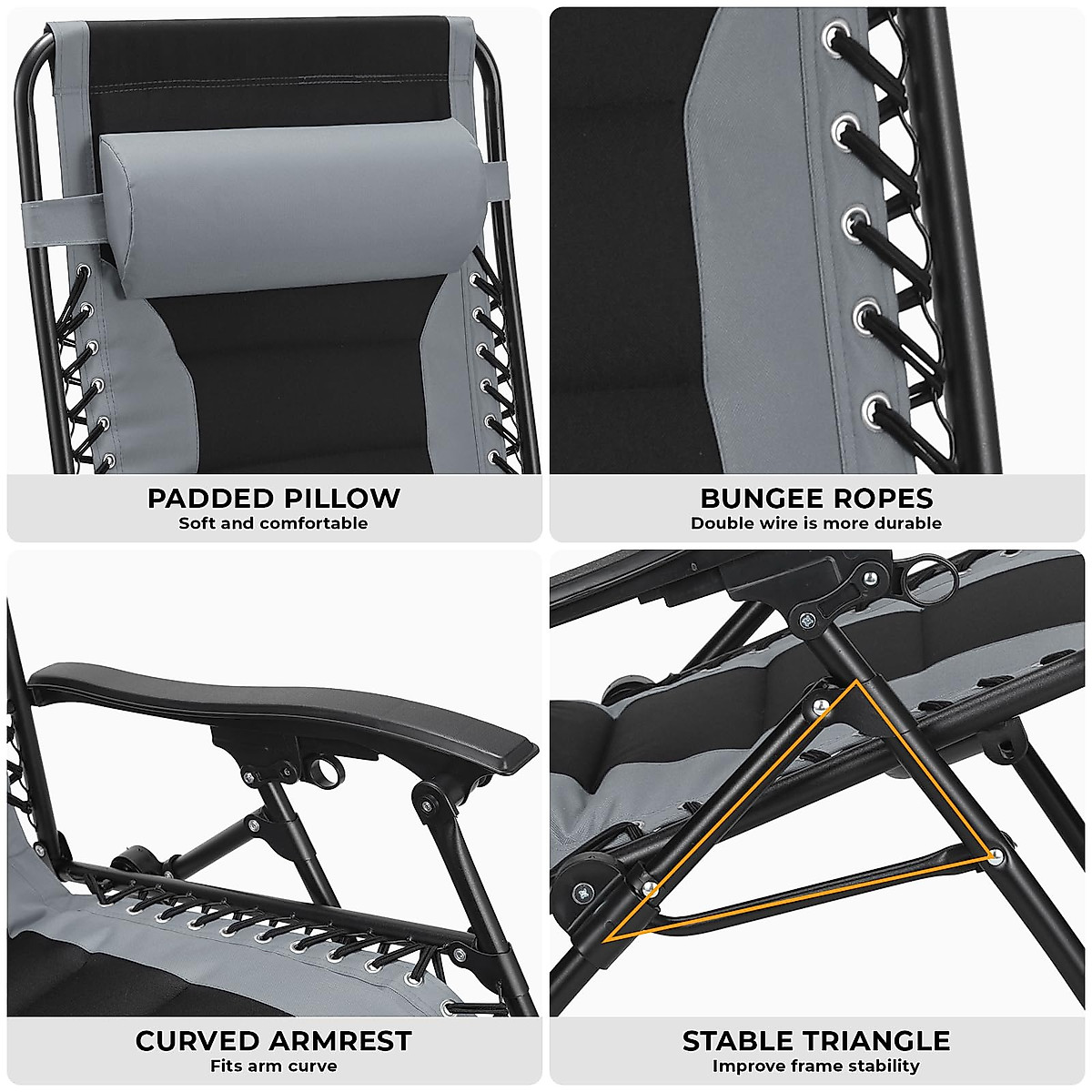 MAMIZO Padded Zero Gravity Chair, Set of 2 Foldable Outdoor Patio Recliner, Anti Gravity Adjustable Lounger w/Removable Pillows and Cup Holder Side Tables, 350 LBS (Grey)