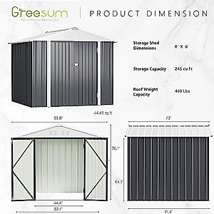 Greesum Metal Outdoor Storage Shed 8FT x 6FT, Steel Utility Tool Shed Storage House with Door & Lock, Metal Sheds Outdoor Storage for Backyard Garden Patio Lawn, Gray