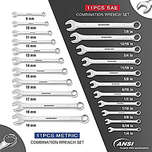 WORKPRO Mechanics Wrench Set Metric and Standard, 22PCS Complete Combination Wrenches Set. SAE 1/4" to 3/4", Metric 9mm to 19mm, Automotive Wrench Set with Rack Organizer