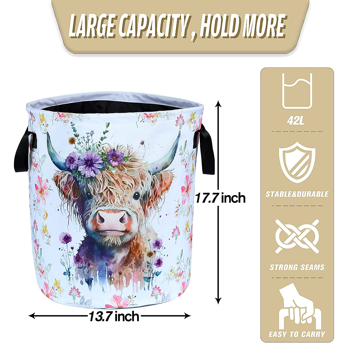 Highland Cow Laundry Basket Foldable Waterproof Oxford Cloth Funny Tote Bag Laundry Hamper Clothes Storage Bucket Toy Organizer For Bathroom/Laundry Storage/Bedroom Storage Basket 17.7x13.7 Inch