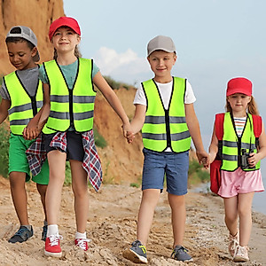 Unittype 20 Pcs Kids Reflective Safety Vest High Visibility Children Neon Vest with Zipper Construction Traffic Vest with Reflective Strips for Kids Aged 3-10, Cycling, Running, Green