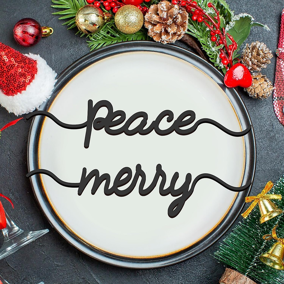 Christmas Cutouts Wood Table Place Card Believe Merry Peace Joyful Wood Word Holiday Place Settings for Christmas Thanksgiving Plate Decor Table Decorations (Black, 8)